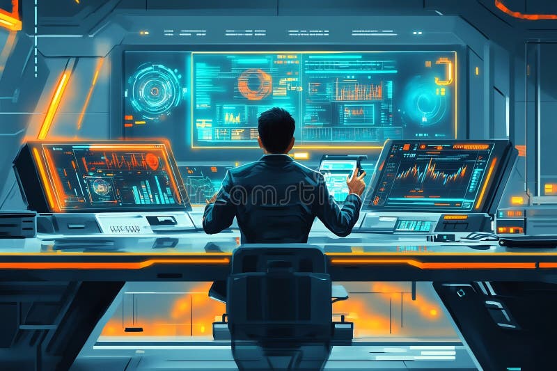 Retrofuturistic Technological Command Center with Interactive Data ...
