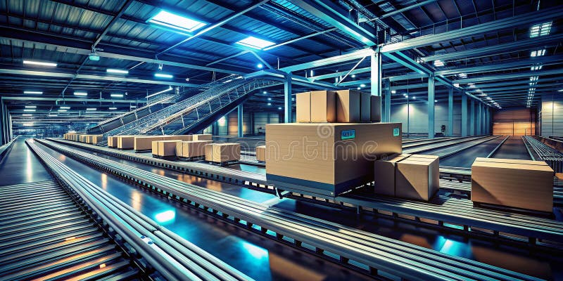 RetroFuturistic Warehouse Cardboard Box Conveyor Belt System for Data ...