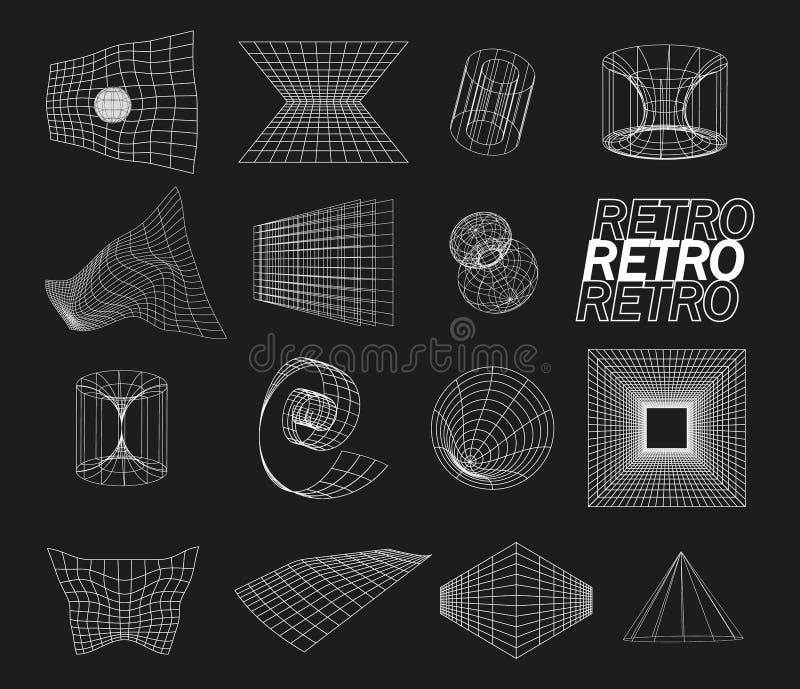 Retrofuturistic, Wireframe Line Elements Vector Set. Perspective Grids ...