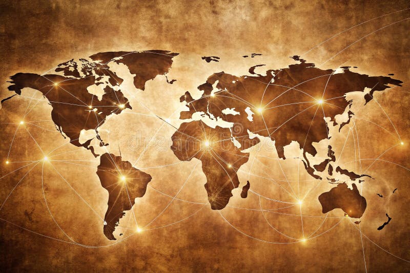 A RetroStyled Digital Network Connection Over a Vintage World Map ...