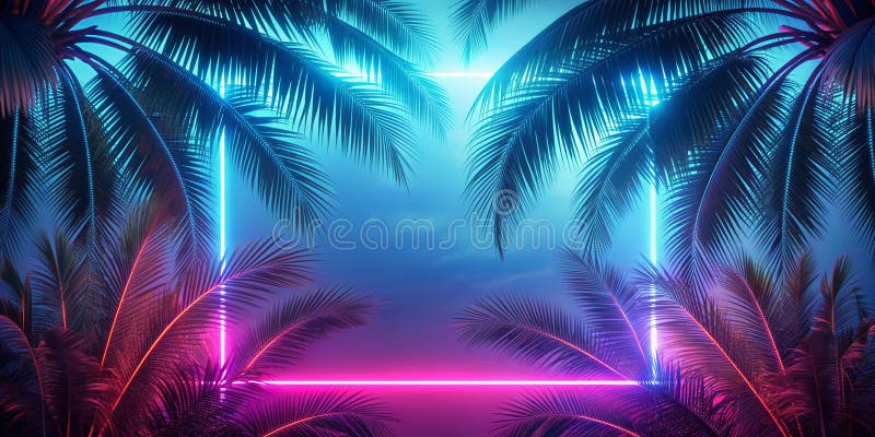 Retrowave Glowing Rectangle Frame Appears in the Tropical Palm Tree ...