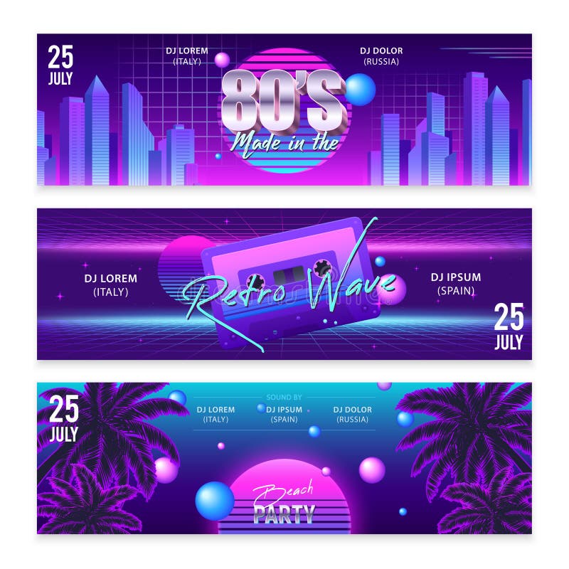 Retrowave Horizontal Banners Set Stock Vector - Illustration of grid ...