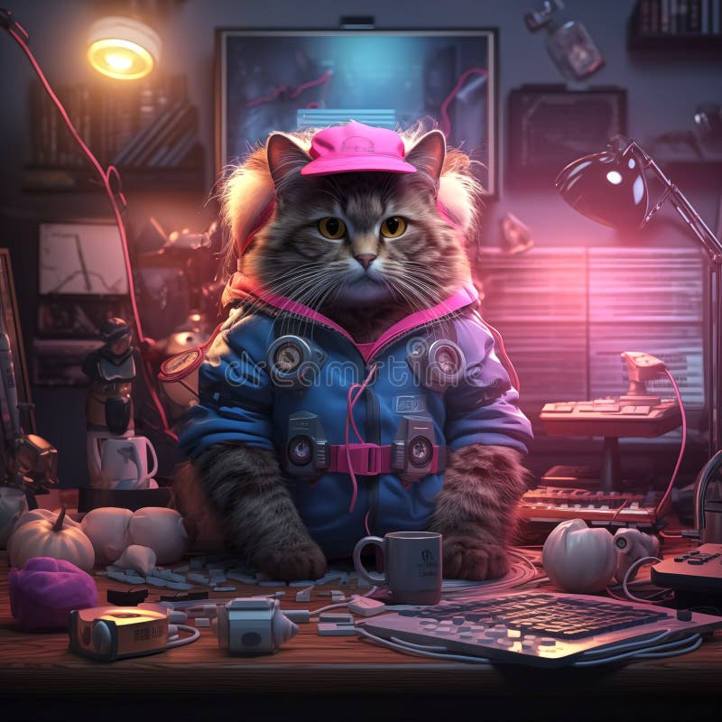 A Retrowave Portrait of a Cat with Gadgets and Everyday Objects Stock ...