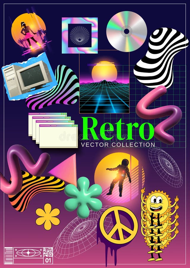 Retrowave 90s Postmodern Stickers and Retro Objects Stock Vector ...