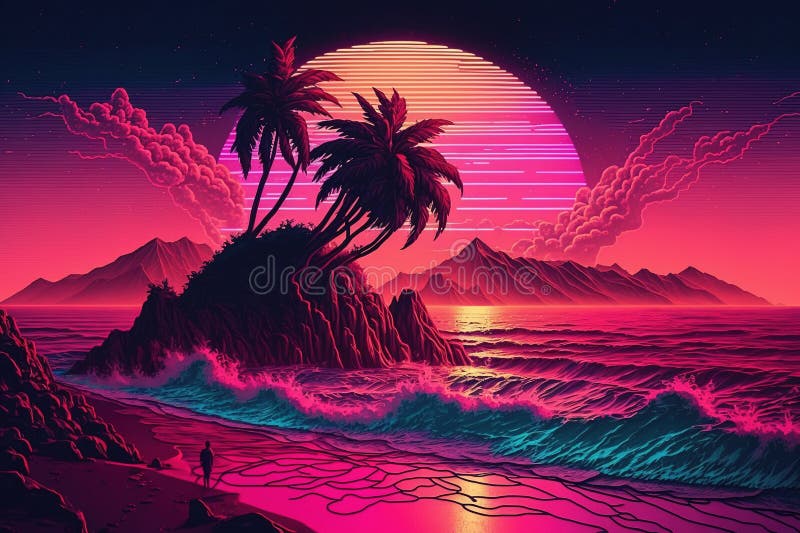 Retrowave Style Landscape Illustration Background Stock Illustration ...