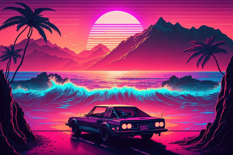 Retrowave Style Landscape Illustration Background Stock Illustration ...