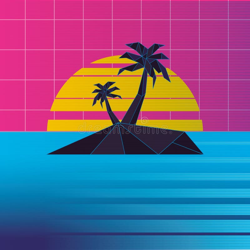 Retrowave Sunset Background. 3d Computer Landscape. Retro Future 80s ...