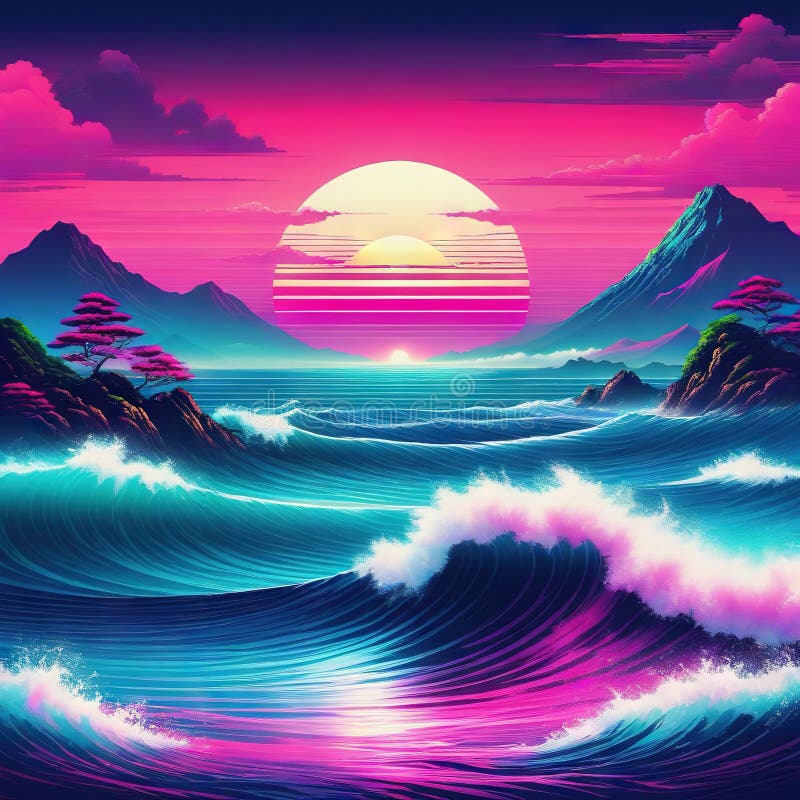Retrowave or Synthwave Landscape with Retro Synthwave Color Ocean Pixel ...