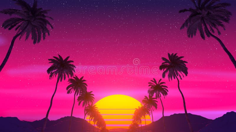 Retrowave Tropical Landscape. Palms, Mountains and Sun. Stock Image ...