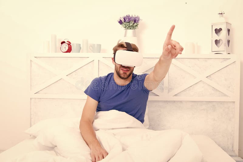 Return To Reality. Man Explore Vr while Relaxing in Bed. Awakening from ...