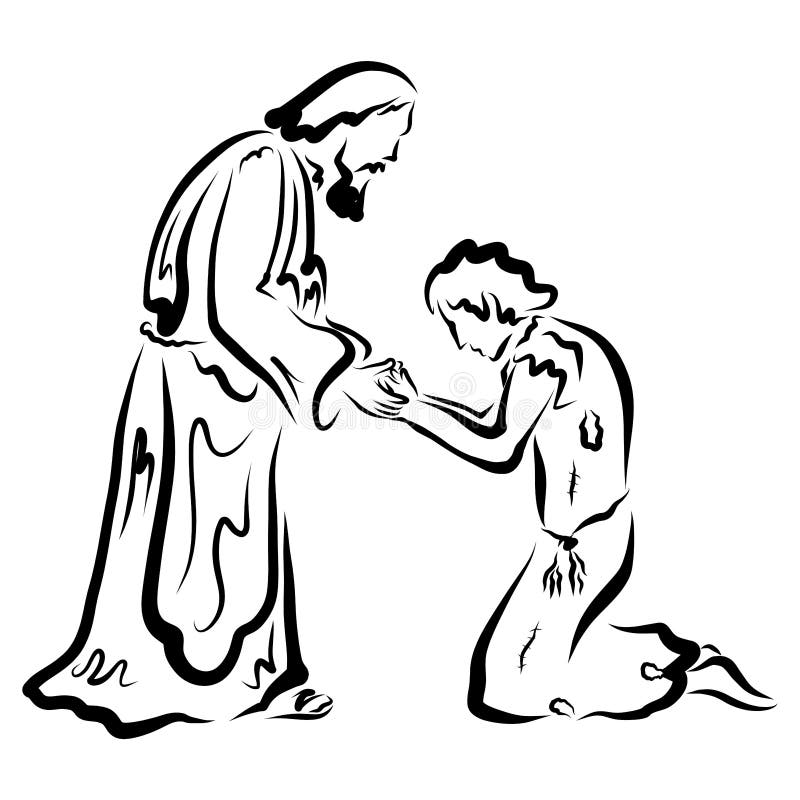 Returned Prodigal Son Kneeling Asks Forgiveness from Loving Father ...