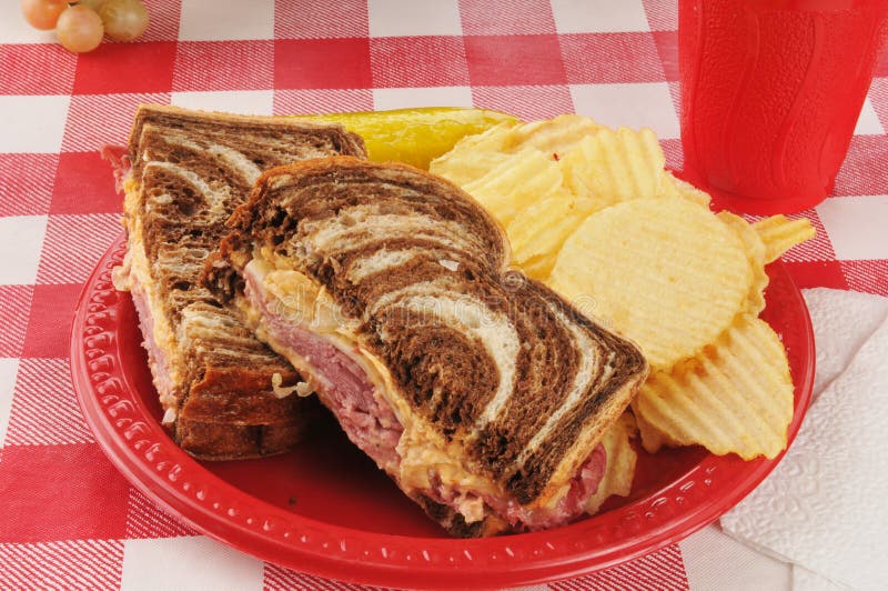 Reuben Sandwich on Marbled Rye Bread Stock Photo - Image of plates ...
