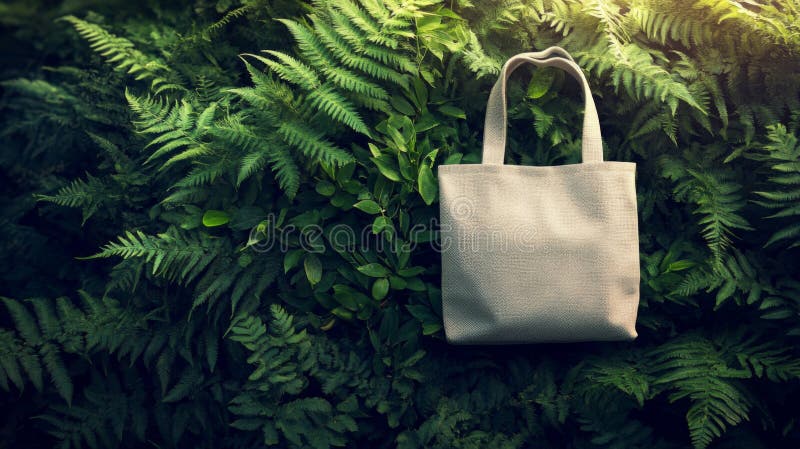 Reusable Bag on Ferns with Green Lush Foliage in Warm Lighting and ...