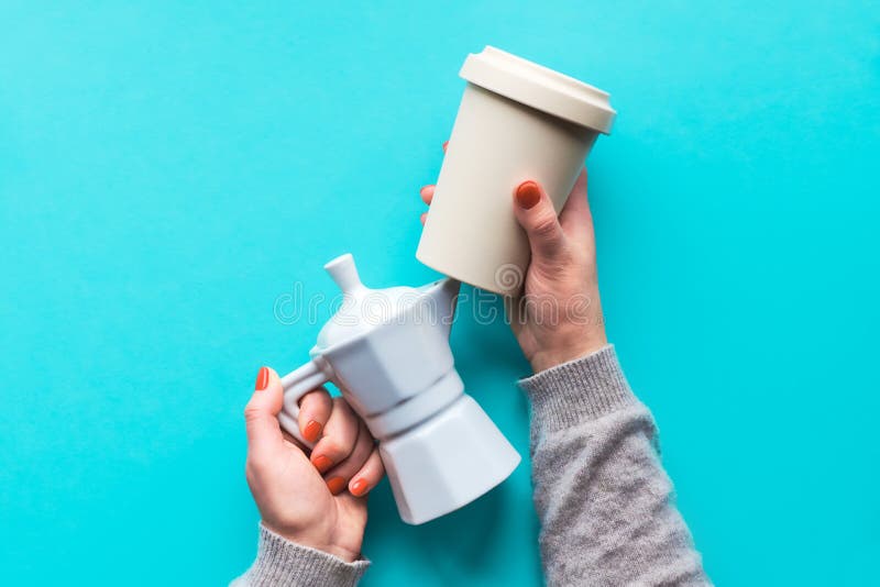 Reusable Coffee Mug or Keep Cup and White Ceramic Coffee Maker in Woman ...