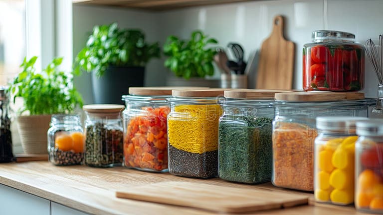 Reusable Containers with Products on a Kitchen Counter. Stock Photo ...