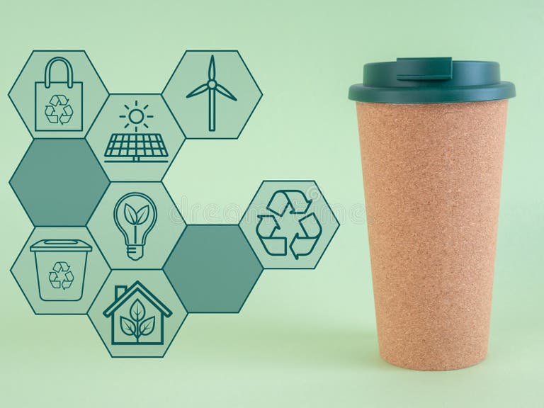 Reusable Cup with a Set of Environmental Icons Inside Hexagons Stock ...