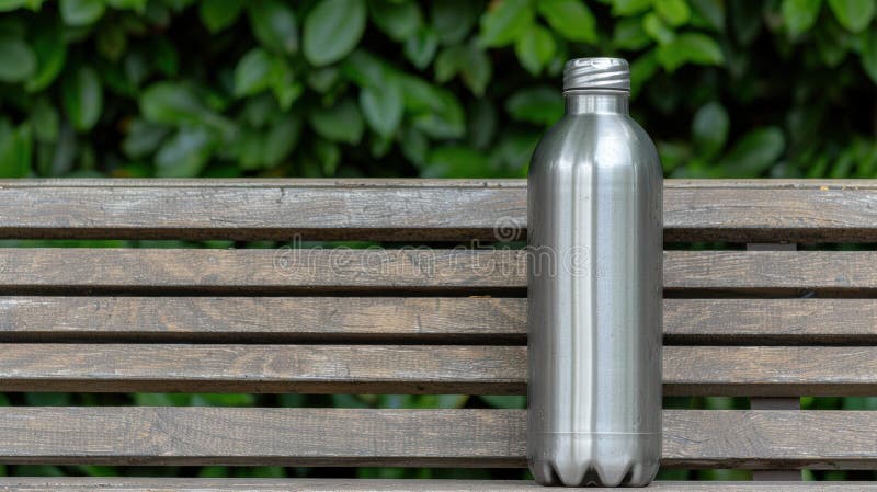 Reusable Metal Water Bottle on Wooden Bench Stock Illustration ...
