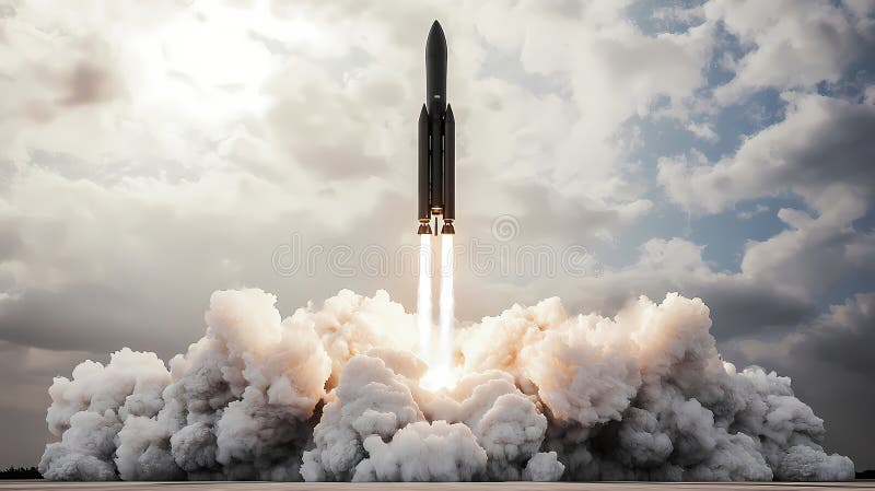 Reusable Rocket Lifting Off, Leaving Smoke Trail in Cloudy Sky Stock ...