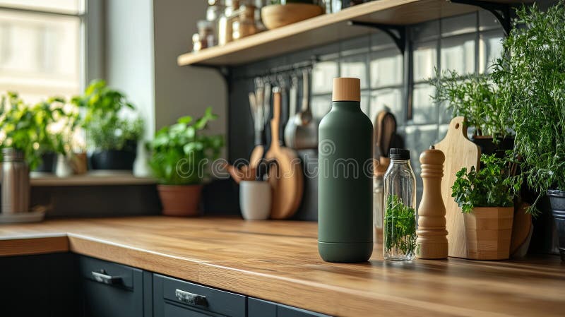 Reusable Water Bottle and Eco-friendly Products on a Kitchen Counter ...