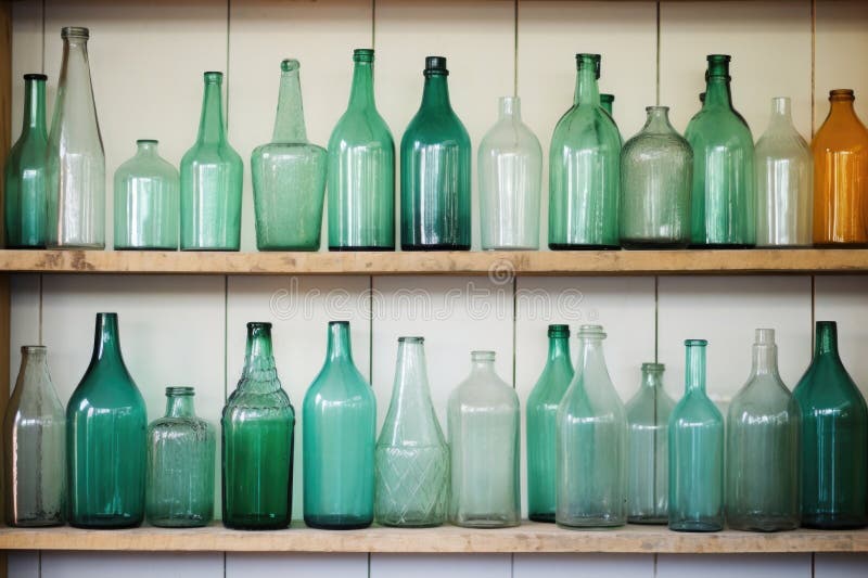 Reused Glass Bottles Arranged on a Shelf Stock Image - Image of design ...