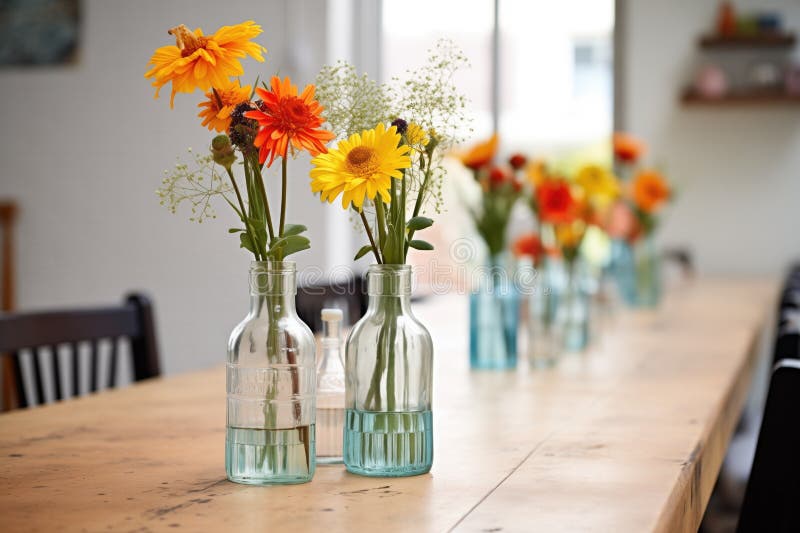 Reused Glass Bottles As Flower Vases on a Dining Table Stock Photo ...
