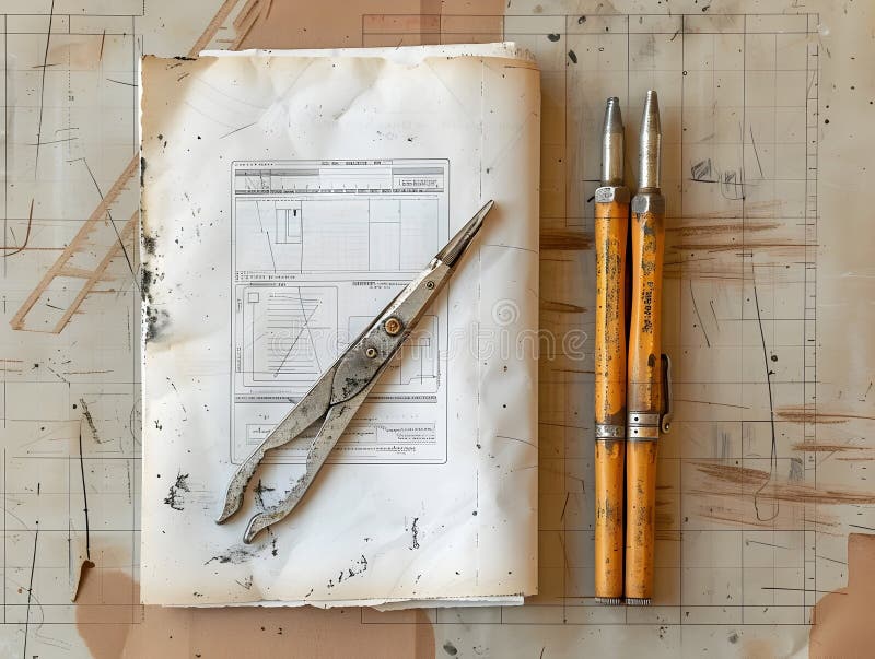 Reverse Drawing of Vintage Tools and Documents on Rustic Wooden Table ...