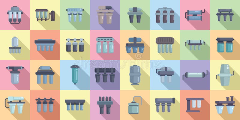 Reverse Osmosis System Icons Set Flat Vector. Aqua Filter Stock Vector ...