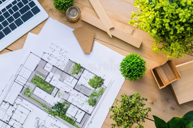 Review Architecture Blueprint with Laptop and Mini Plant for House ...
