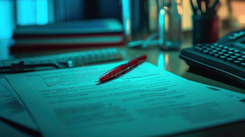 Review Document on Desk with Pen and Keyboard in Office Working Space ...