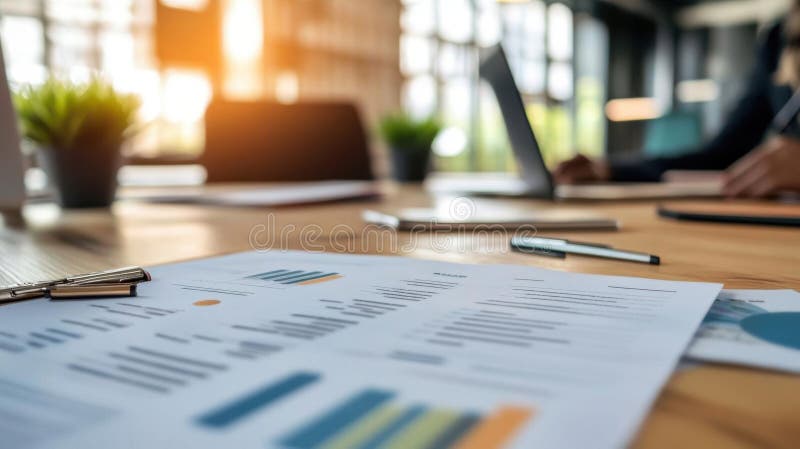 Review Financial Data and Documents on Desk with a Laptop and Pen Stock ...