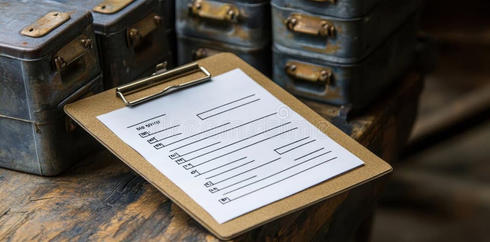 Review Task List on Clipboard with Metal Boxes on Table Under Workplace ...