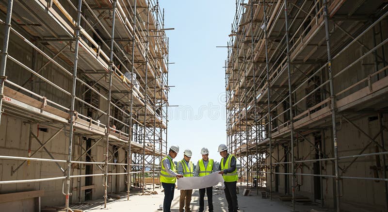 Reviewing Building Plans by Construction Workers on Site with ...