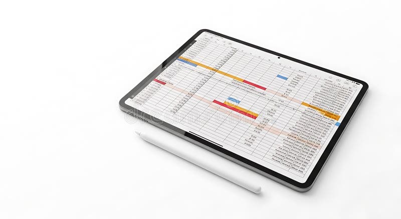 Reviewing Project Gantt Chart on Tablet with Stylus for Planning Stock ...