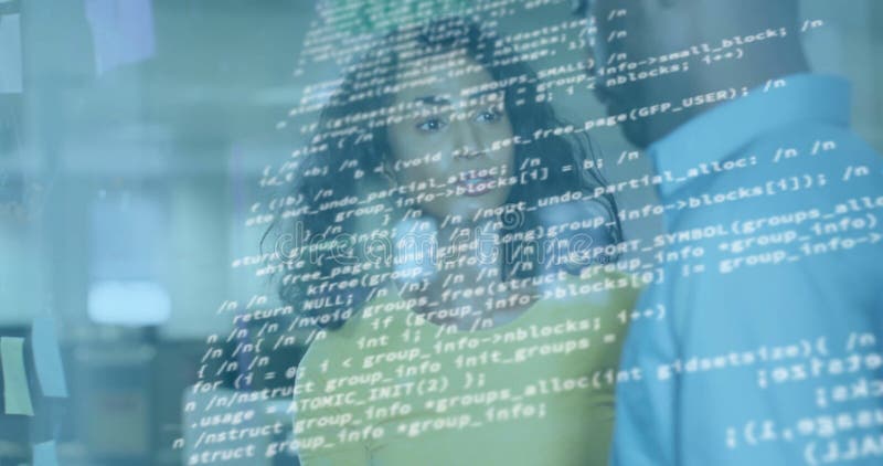 Reviewing Team in Green and Blue Shirts Standing Behind Clear Code Screen at Office, with ...