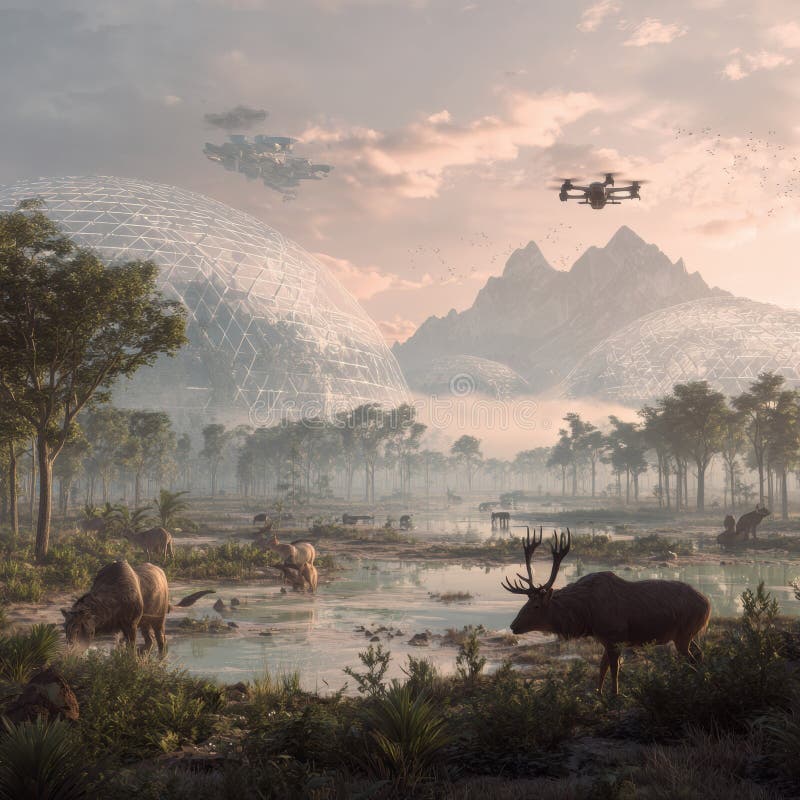 Revived Extinct Animals in Wildlife Reserve Stock Illustration ...