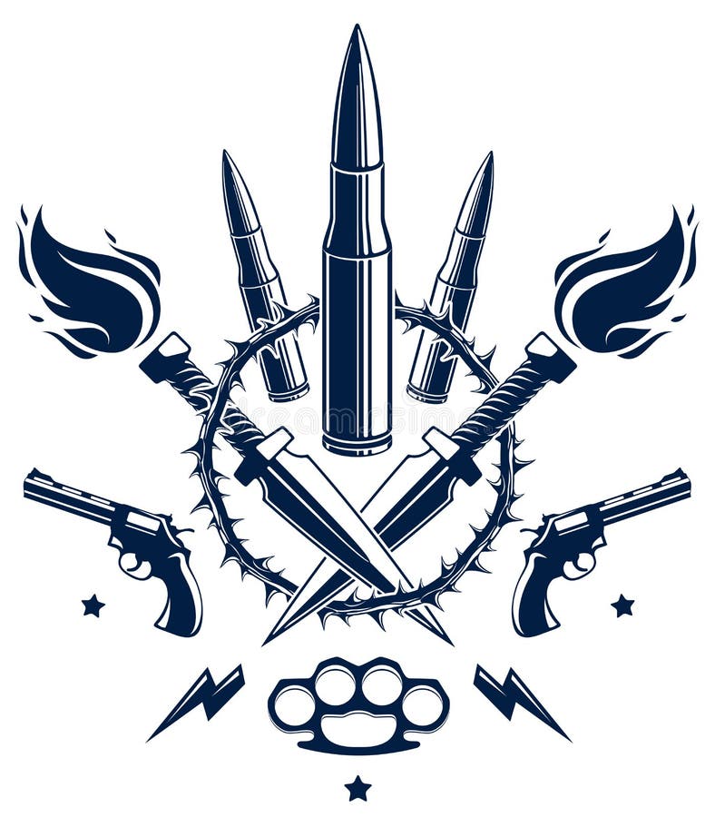 Revolution and War Vector Emblem with Bullets and Guns, Logo or Tattoo with Lots of Different ...
