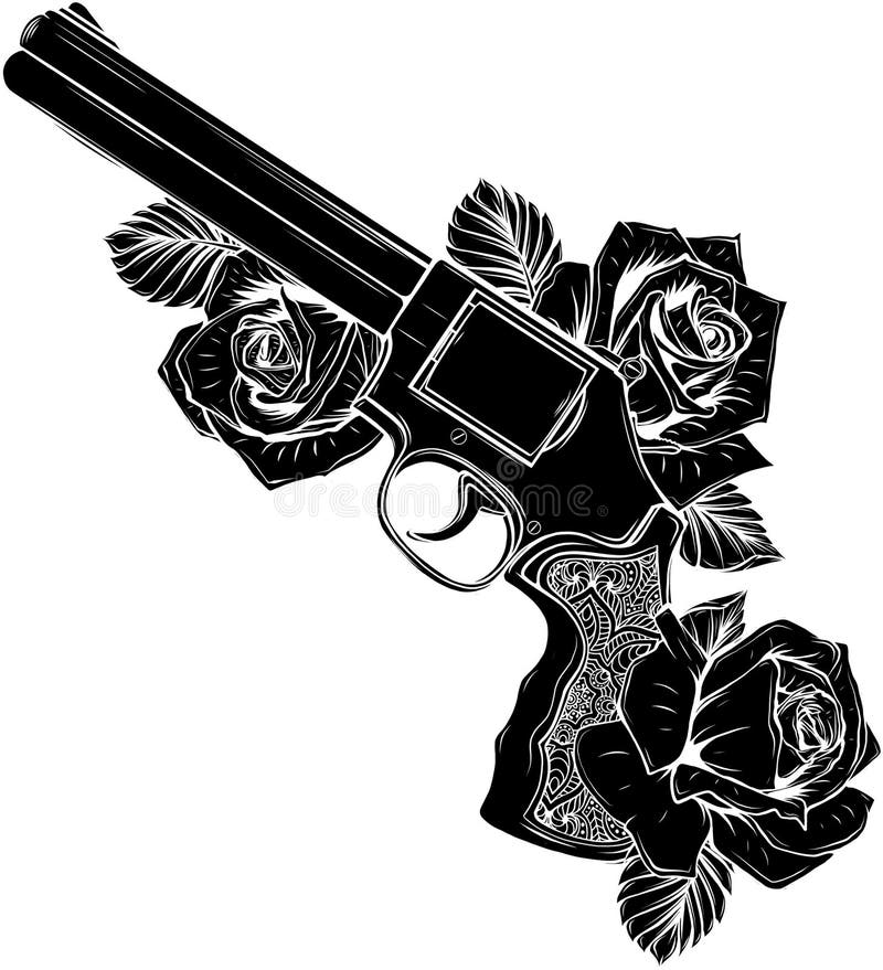 Black Silhouette of Revolver with Rose Isolated on White Stock Vector ...