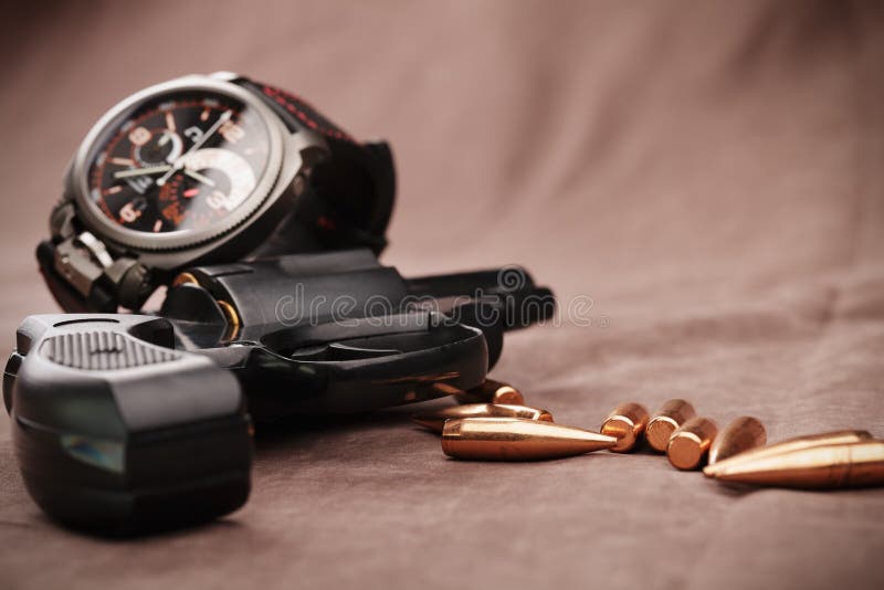 Revolver with Watch and Bullets Stock Image - Image of copper, objects ...