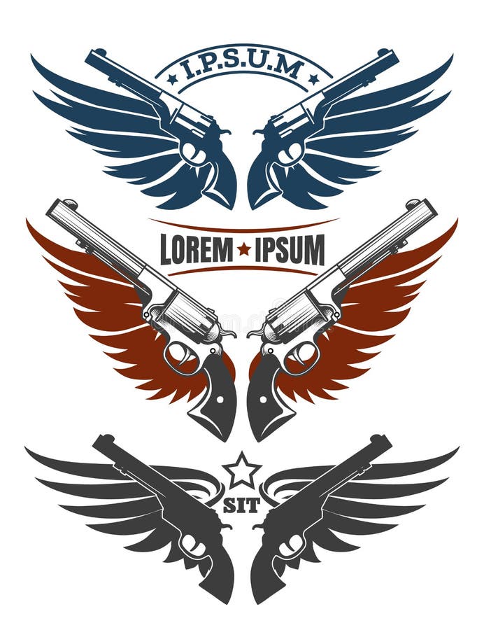 Revolvers with Wings Emblem Set Stock Vector - Illustration of classic ...