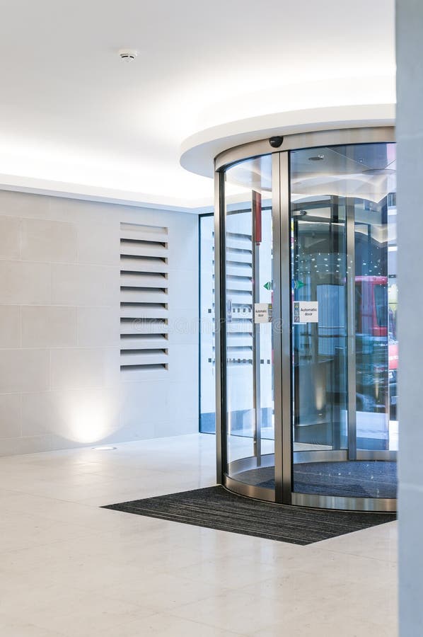 Reception Area, Glass Entrance Doors In Office Building Stock Image ...