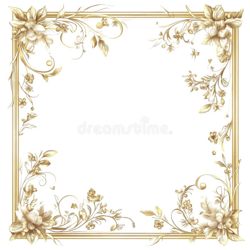 Rextangle Golden Frame with Flowers and Leaves. Isolated on Transparent ...