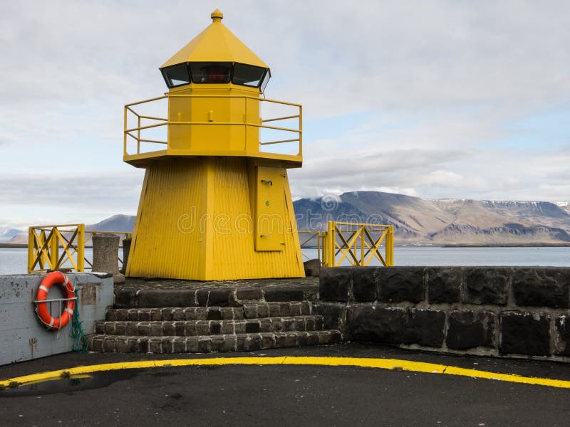 Reykjavik Harbor Yellow Lighthouse Stock Image - Image of city, port ...