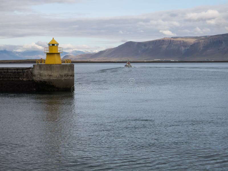 Reykjavik Harbor Yellow Lighthouse Stock Photo - Image of maritime ...
