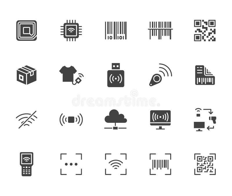 RFID, Qr Code, Barcode Flat Icon Set. Price Tag Scanner, Label Reader ...