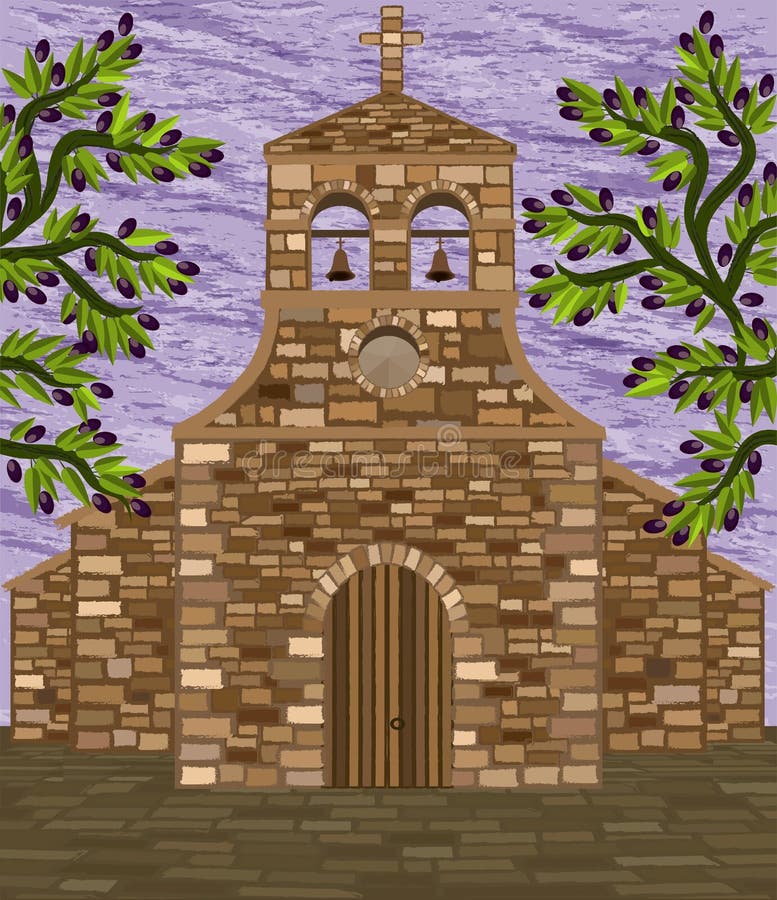 Ancient Spanish Church in Romanesque Style and Olive Tree, Vector Stock ...