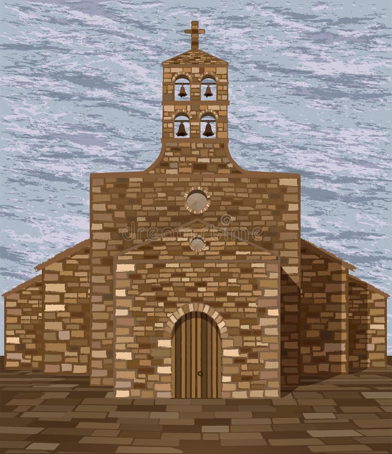 Ancient Medieval Spanish Church in Romanesque Style with Bells, Vector ...