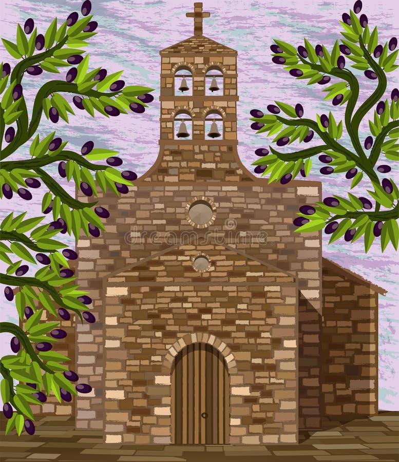 Medieval Spanish Church in Romanesque Style and Olive Tree, Vector ...
