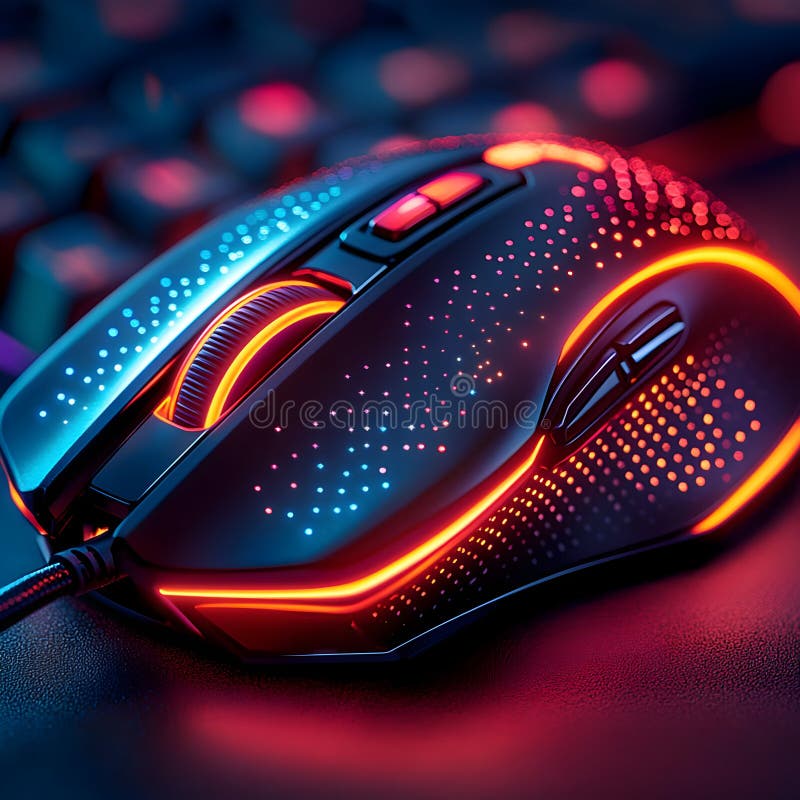 RGB Gaming Mouse with Neon Lights Close-Up Illustration Stock ...