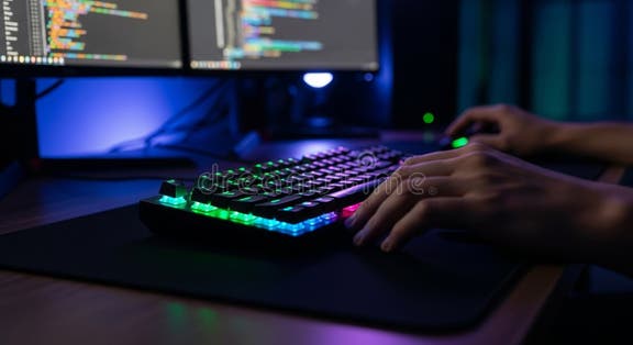 RGB Mechanical Keyboard Closeup with Programmer Coding on Dual Monitors ...