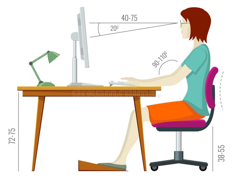 Rght Sitting Posture. Working at Computer in Healthy Pose Stock Vector ...